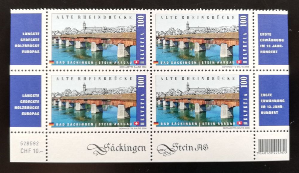 Schweiz 4er-Block GA D/CH Alte Rheinbrücke, 2008, postfrisch | Kaufen auf Ricardo