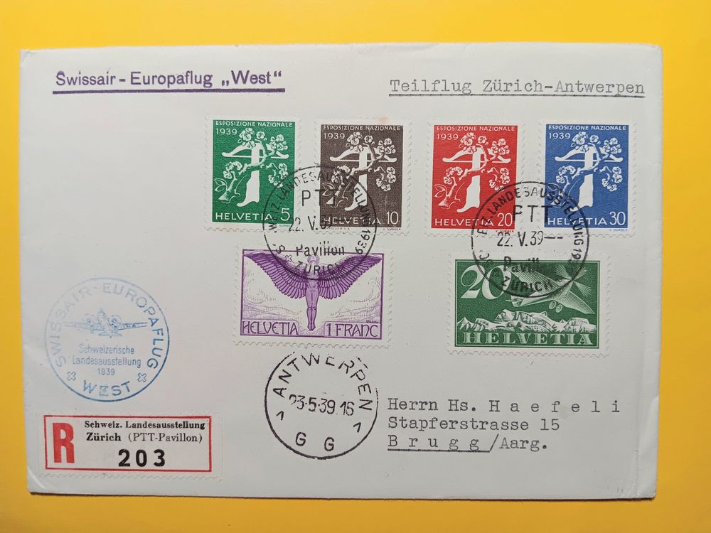 SWISSAIR Europaflug West Einschreiben 1939 (Gebraucht) in Holderbank AG für CHF 9 – mit ...