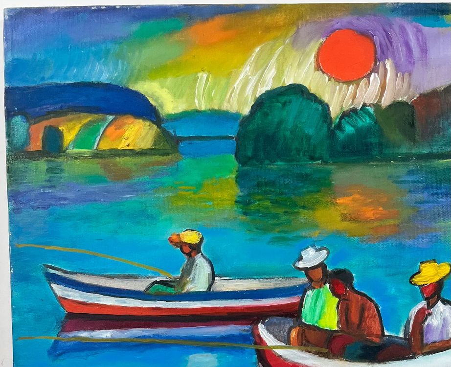 Jonas Ćeponis (1926-2003) Farbenfrohes Gemälde mit Fischers (Gebraucht ...