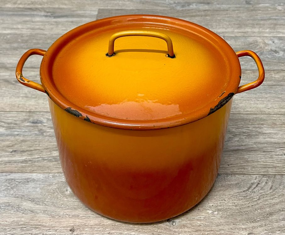Alte Grosse Orange Eisen Pfanne Topf mit Deckel Emailliert (Gebraucht ...
