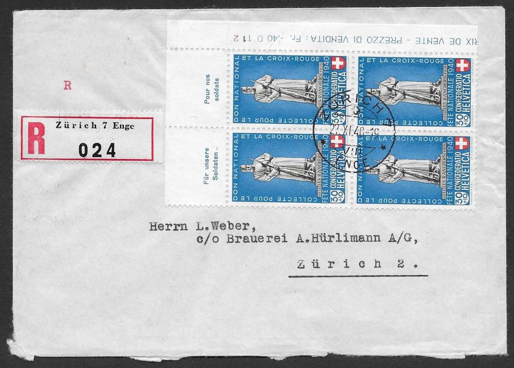 1940: Pro Patria Nr.B6 Viererblock auf Brief St.Zürich | Kaufen auf Ricardo
