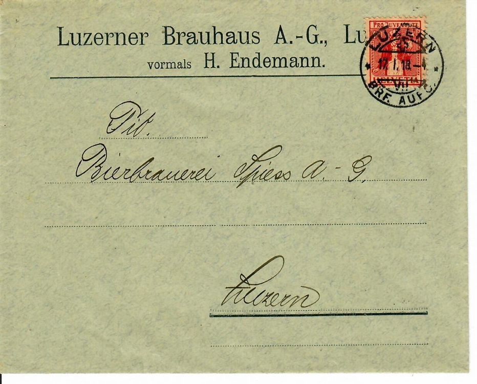 Brief, Luzerner Brauhaus Luzern vormals H. Endemann 1918 (Gebraucht) in ...