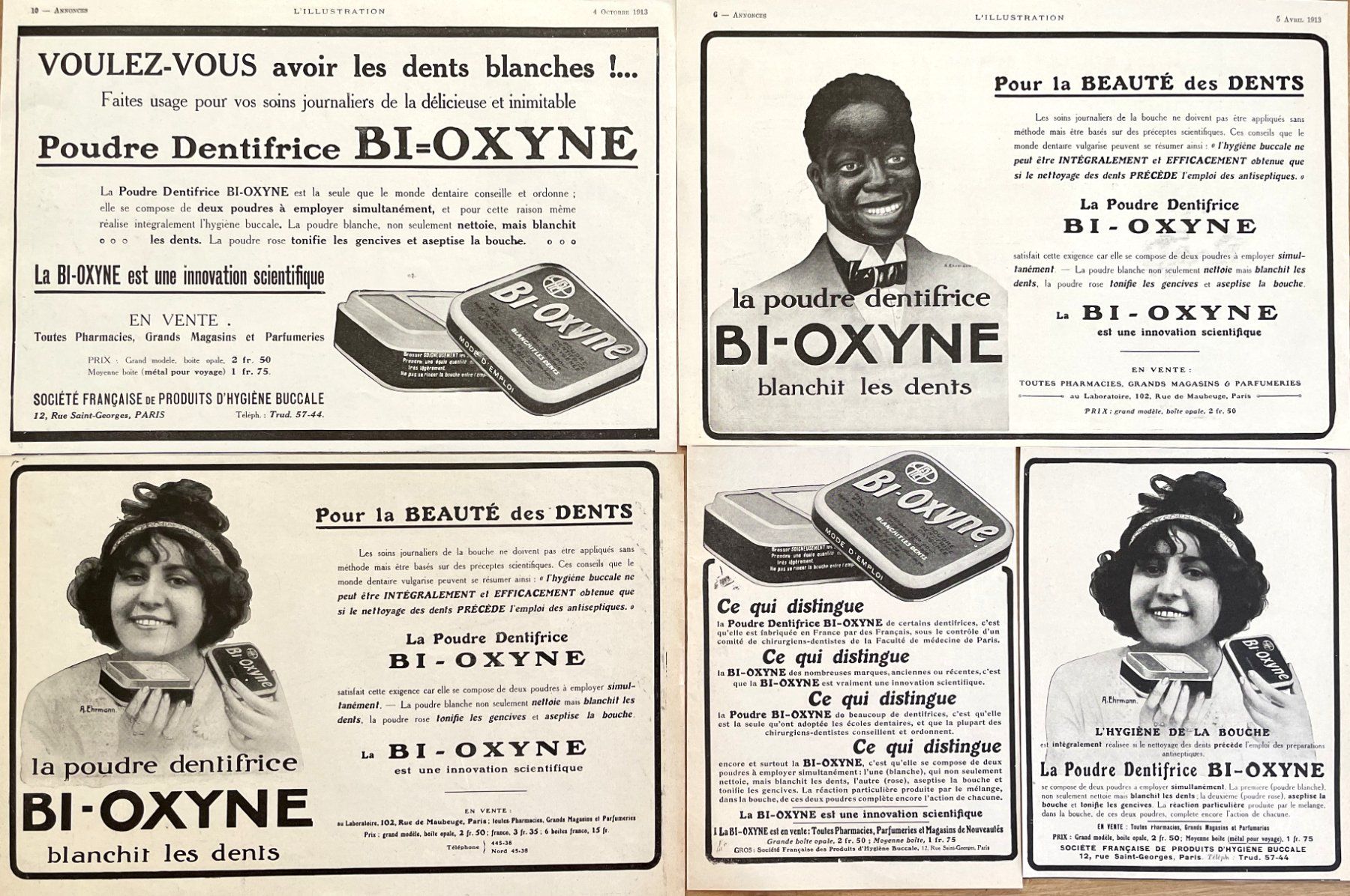 Bi-Oxyne Zahnpasta Dentifrice - 4 Werbungen/Publicités 1913 (Gebraucht ...