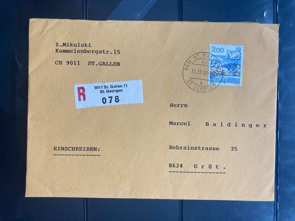 Schweiz 1990 R-Brief 2Fr. Jungfrau 9011 St.Gallen 11 St.Geor (Gebraucht) in Liestal für CHF 1.5 ...