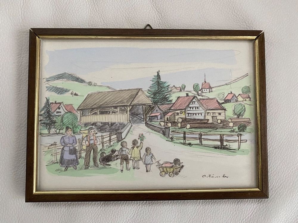 Farbstiftzeichnung Druck A. Fässler, Appenzell, gerahmt | Kaufen auf Ricardo