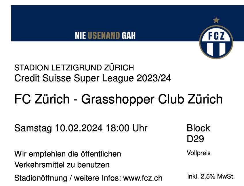 Ein Ticket für das Derby FCZ - GC in der Südkurve | Kaufen auf Ricardo