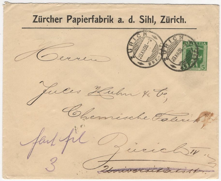 5 Rp. Tellknabe a. Privatganzsachen Briefumschlag von ZÜRICH (Gebraucht) in Eglisau für CHF 1.5 ...