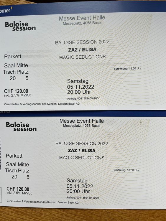 2 Tickets Baloise Session Zaz / Elisa (Neu (gemäss Beschreibung)) in Basel für CHF 300 – mit ...
