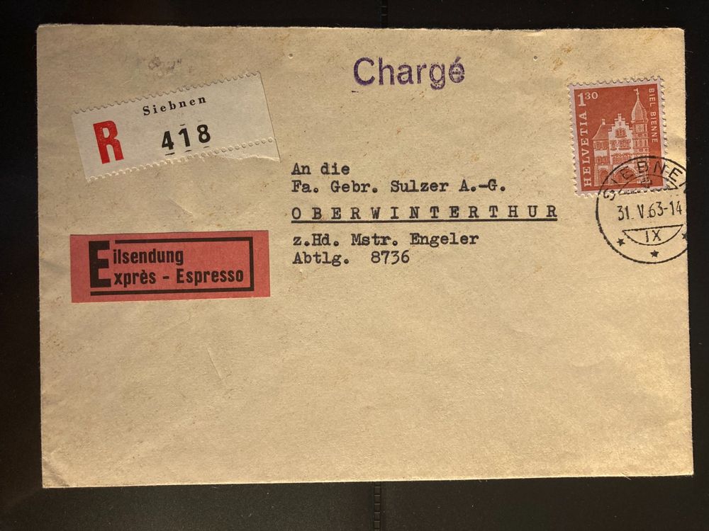 CH 1963 R-Eil-Brief 1.3Fr. Biel Siebnen Oberwinterthur (Gebraucht) in Liestal für CHF 3 – mit ...