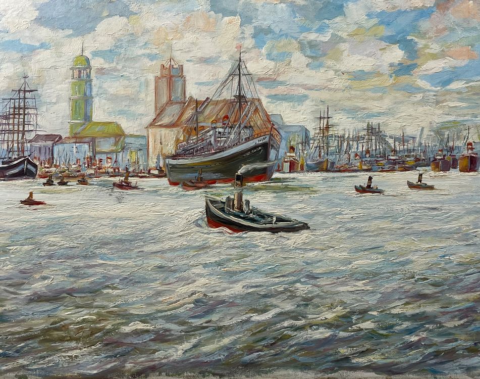 Meeres Szene mit Booten & Blick auf den Hafen Gemälde Sign (Gebraucht) in Root für CHF 25 – mit ...