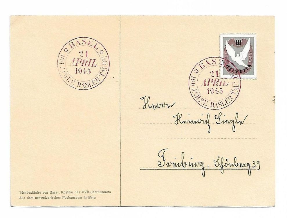 1945 Basler Taube;Ausschnitt auf Karte, Sonderstpl 21.4.1945 | Kaufen auf Ricardo