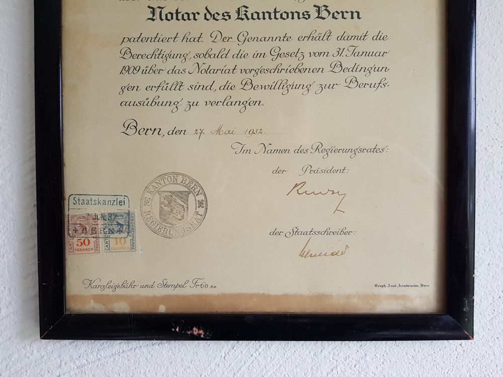 Berne antique 1932 diplôme de notaire avec timbres anciens (Gebraucht ...