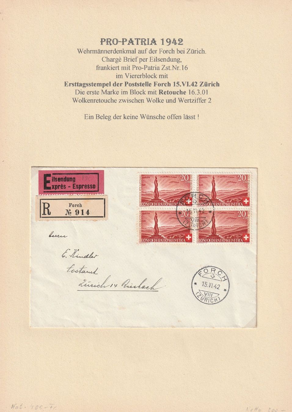 Pro Patria 1942,Chargé Brief,Eilsendung Ersttag mit Retouche (Gebraucht ...