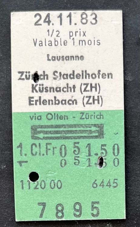 Zürich Stadelhofen Küsnacht Erlenbach/1. Klasse/Billett 1983 | Kaufen auf Ricardo