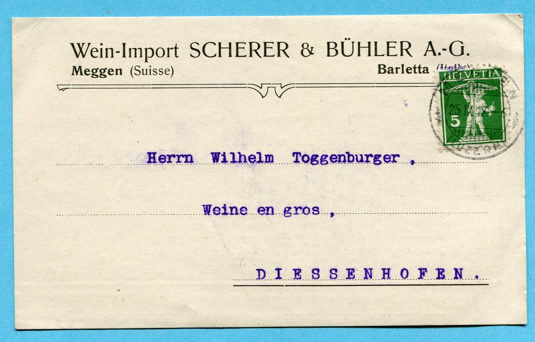 Postkarte Meggen 1917 - Abs: Wein-Import Scherrer&Bühler AG (Gebraucht ...