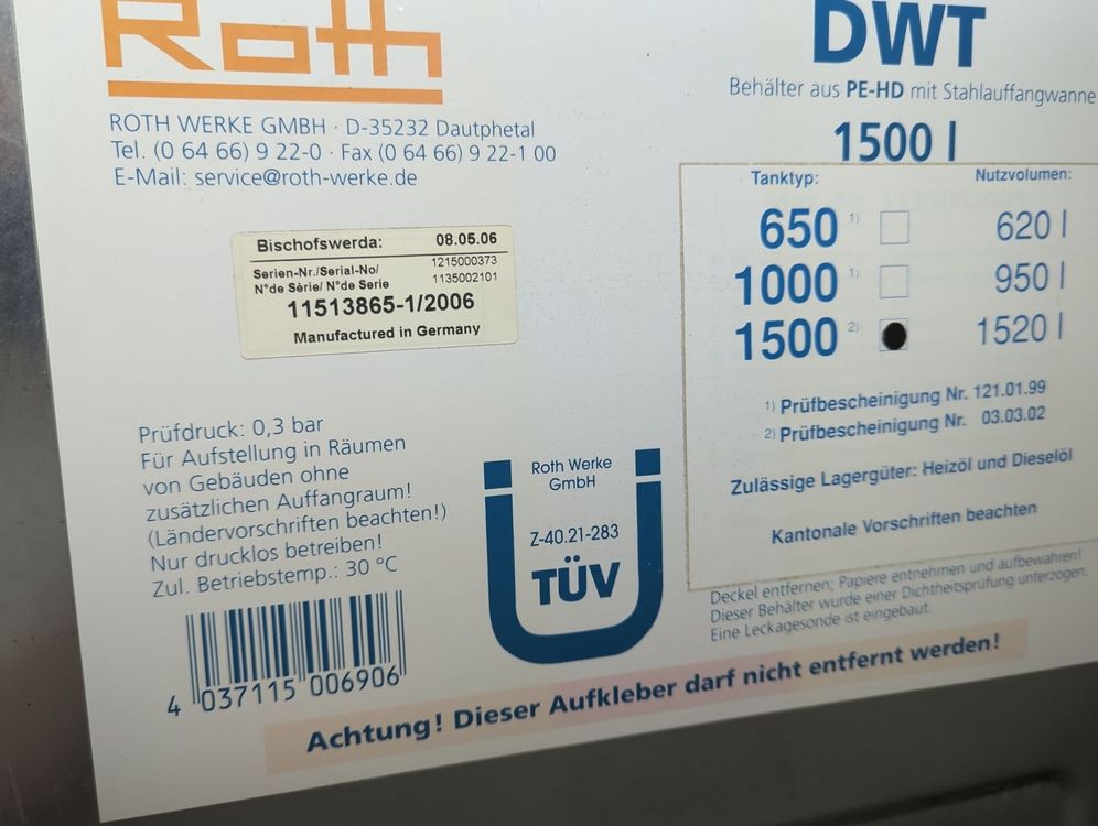 Öltank Roth 1500 L doppelwandig (Gebraucht) in Suberg für CHF 450 – nur ...