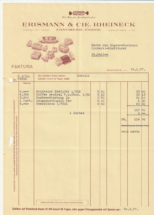 Rechnung Rheineck Confiseriefabrik Erismann 1957 | Kaufen auf Ricardo