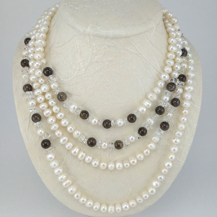 lange Perlenkette mit Rauchquarz und Bergkristall | Kaufen auf Ricardo