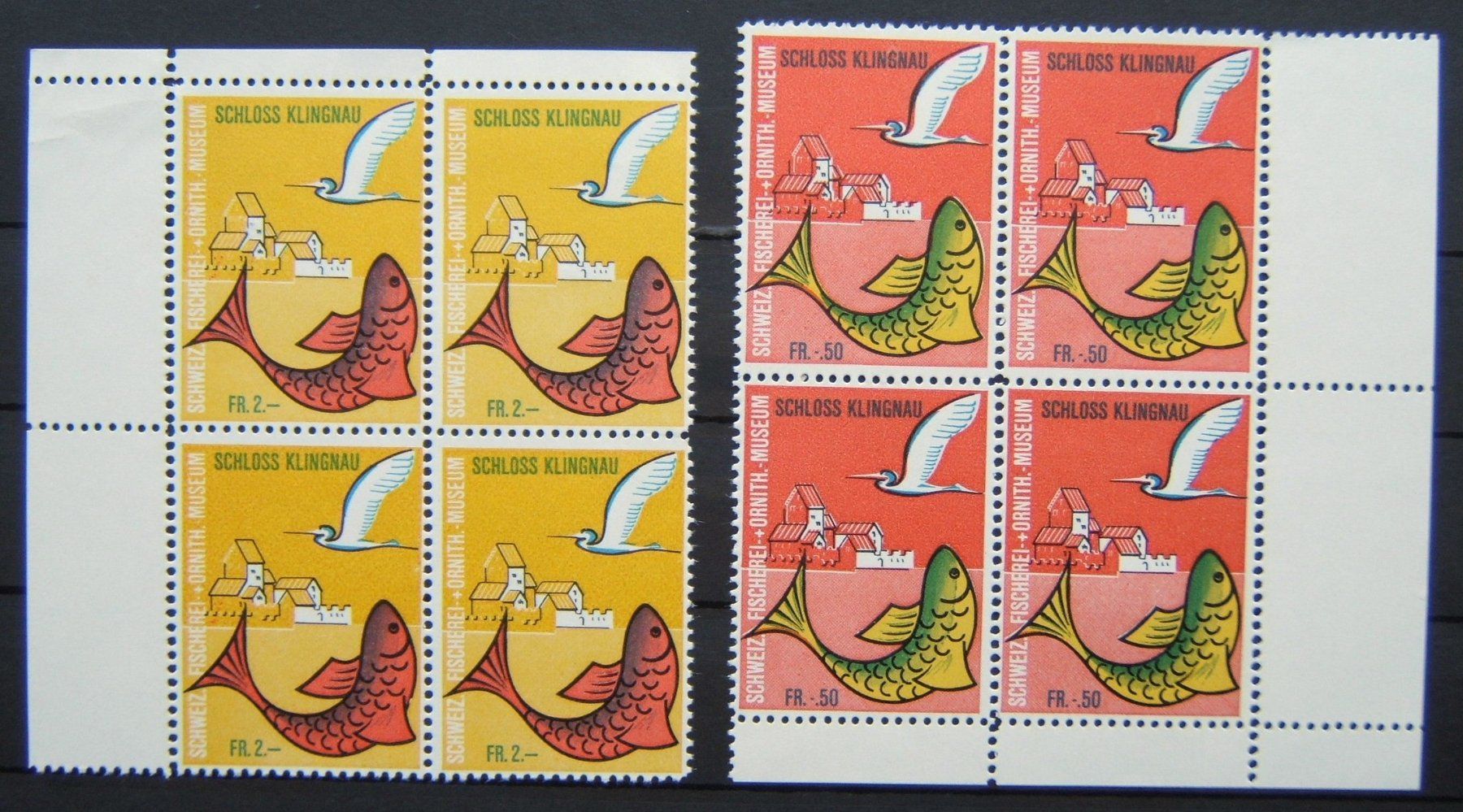 2x 4ER-BLOCK VIGNETTE SCHWEIZ. FISCHEREI- + ORNITH. MUSEUM (Neu (gemäss ...