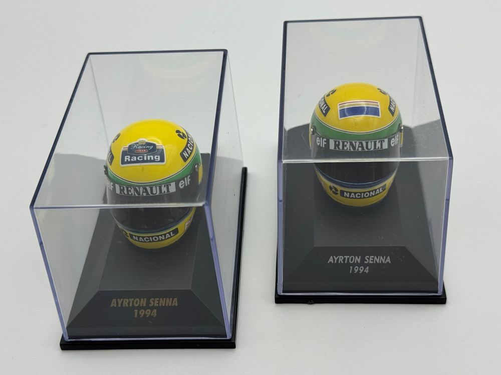 2 Ayrton Senna Helme 1994, Minichamps Formel1 Vitrine, rar (Neu (gemäss ...