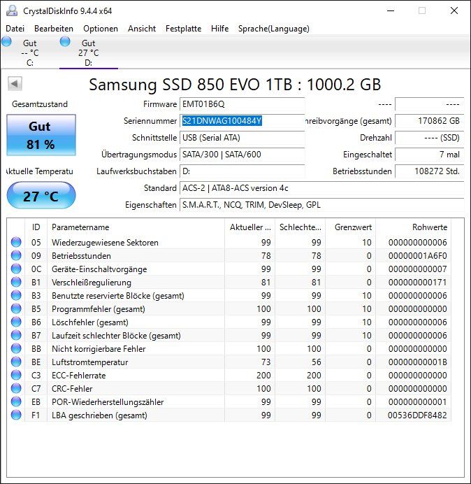 Samsung 1 TB SSD 850 EVO Pos.P5 (Gebraucht) in Dorf für CHF 70 – mit ...