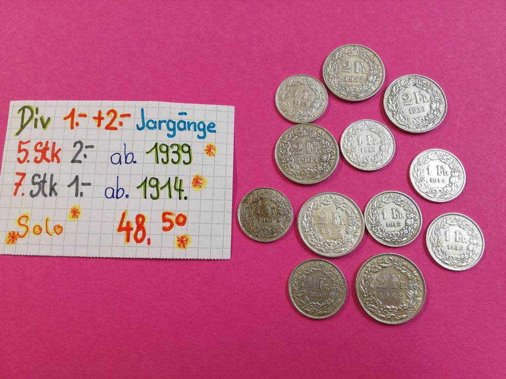 Schweizer Silbermünzen 12 Stk. 2Fr. ab1939/1Fr. ab 1914 Top! | Kaufen auf Ricardo