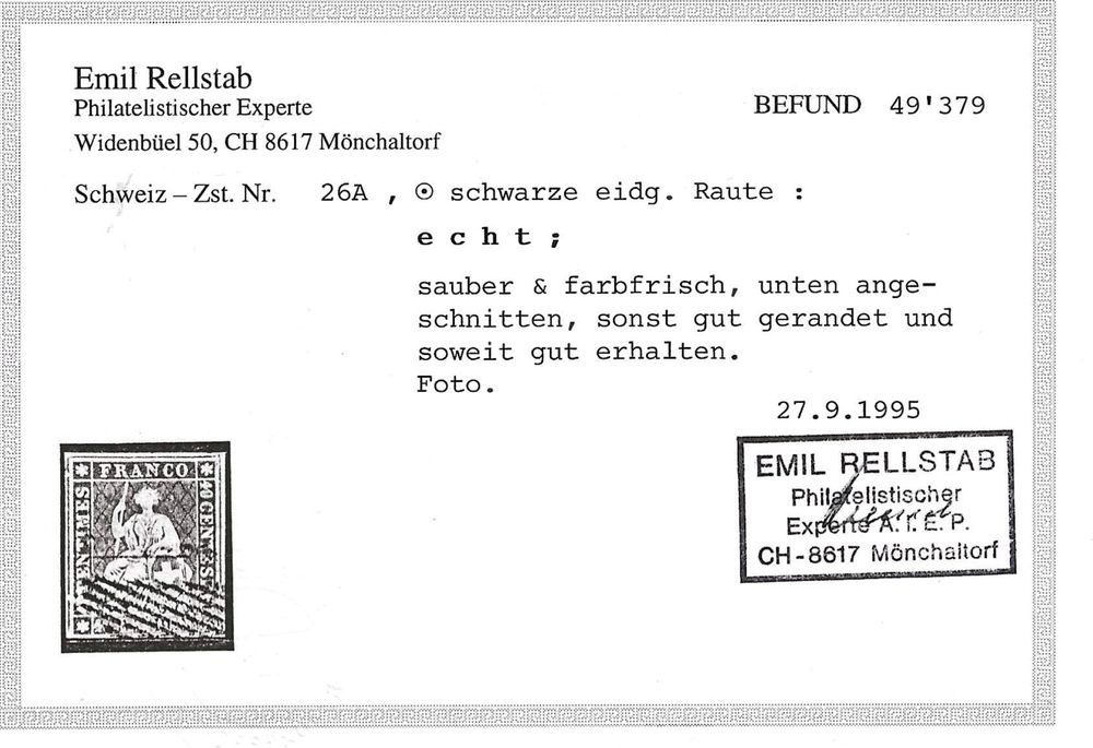 1854 : Strubel Nr. 26A mit Befund Rellstab - KP 500.-- | Kaufen auf Ricardo