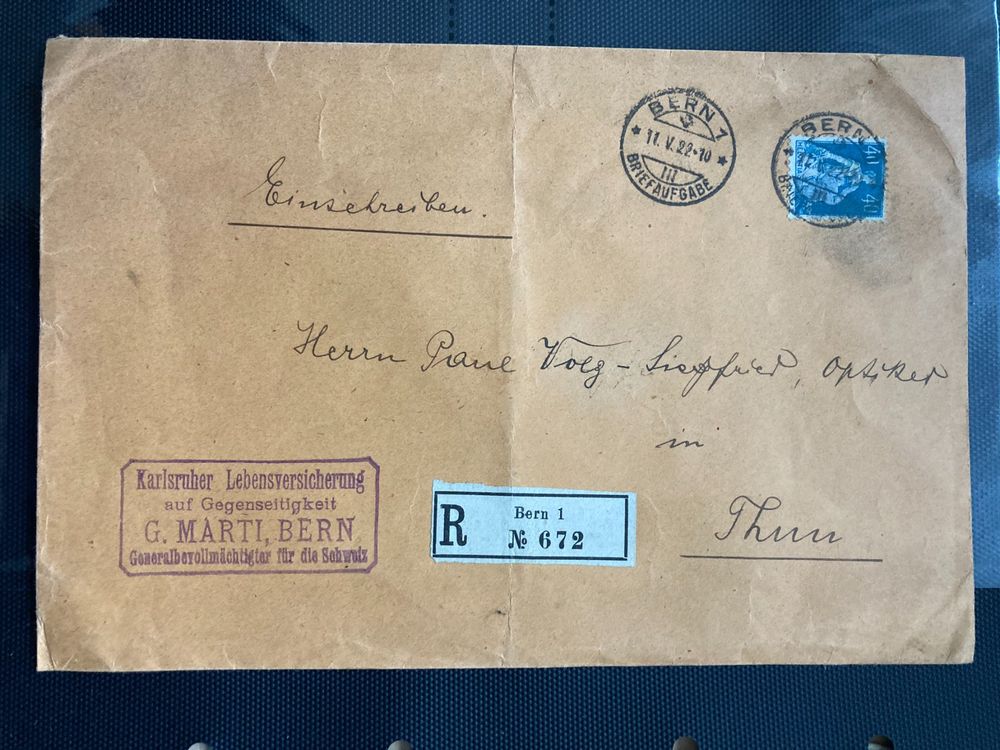 Schweiz 1922 R-Geschäftsbrief Bern Thun 40 Rp. Helvetia Schw (Gebraucht) in Liestal für CHF 4 ...