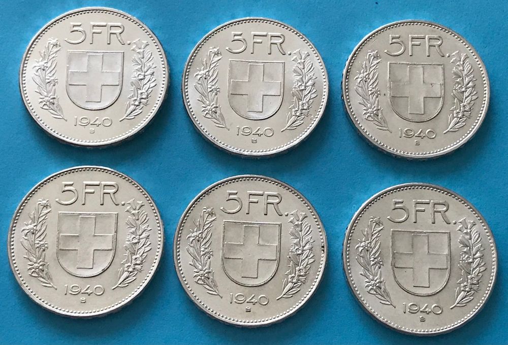 6 schöne Schweizer Silber 5 Franken-Münzen alle von 1940 (Gebraucht) in Zürich für CHF 57 – mit ...