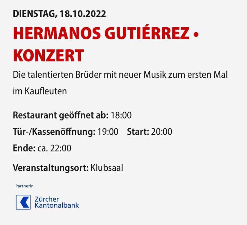 2 tickets HERMANOS GUTIÉRREZ Konzert im Kaufleuten, 18. Okt | Kaufen ... 2 tickets HERMANOS GUTIÉRREZ Konzert im Kaufleuten, 18. Okt | Kaufen ...