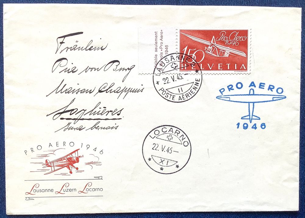 1946 Flugpost Pro Aero Laussane - Locarno mit Tabs (Gebraucht) in Liestal für CHF 6 – mit ...