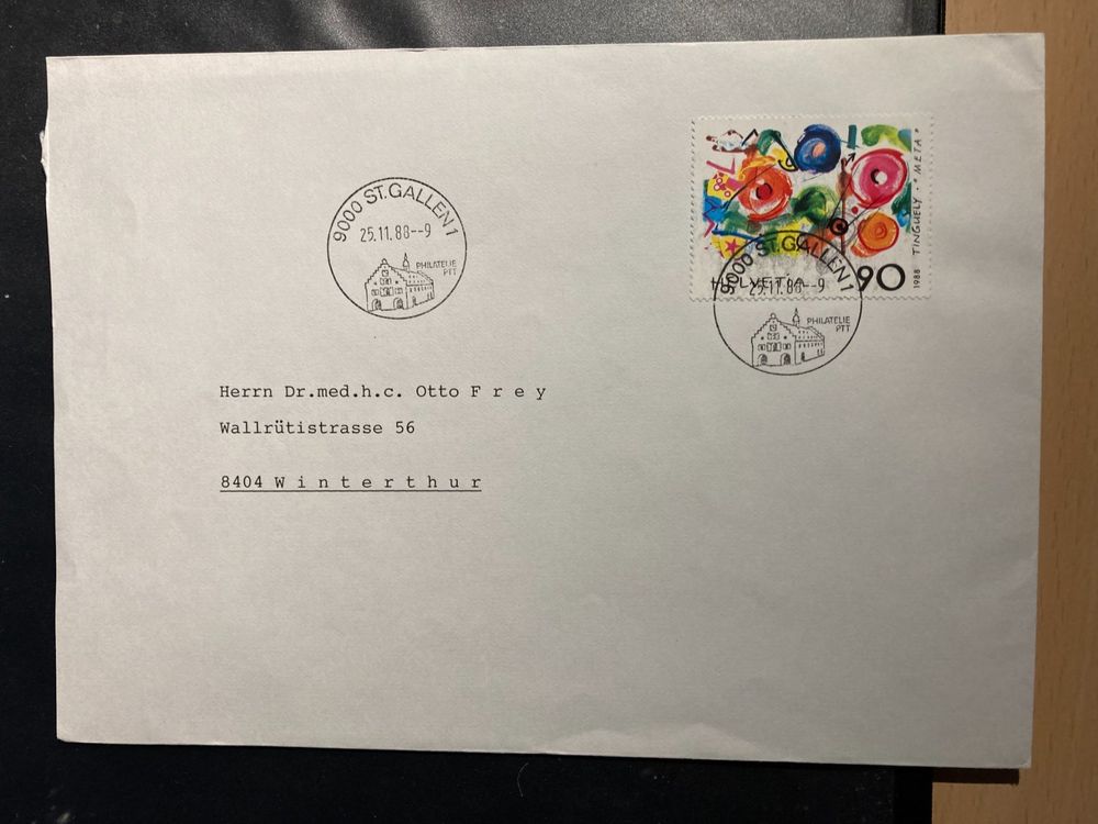 Schweiz 1988 Ersttagsbrief Tinguely Ortsstempel St. Gallen (Gebraucht) in Liestal für CHF 2 ...