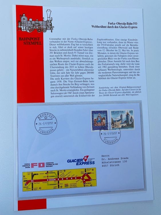 Bahnpost Stempel 0057 FURKABAHN Brief Glacier Express (Gebraucht) in Müswangen für CHF 8 – mit ...