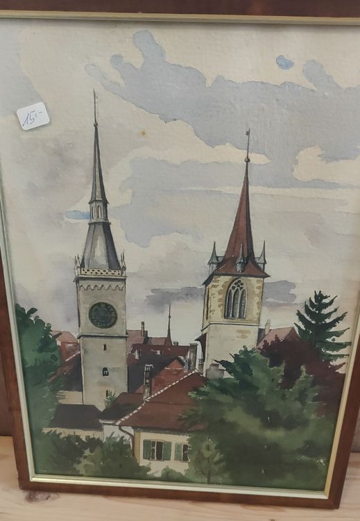 Aquarell "Kirchendachlandschaft" gerahmt | Kaufen auf Ricardo