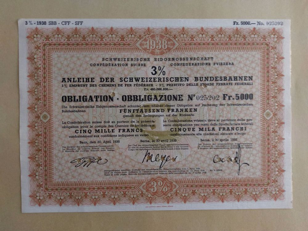 SBB original Obligation CHF 5000 (Gebraucht) in Langendorf für CHF 10 – mit Lieferung auf ...