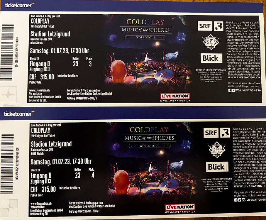Konzertkarten Coldplay VIP | Kaufen auf Ricardo
