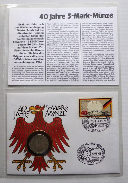Deutschland - 40 Jahre 5 Mark - Münzbrief, SILBER 5 DM 1951 | Kaufen auf Ricardo