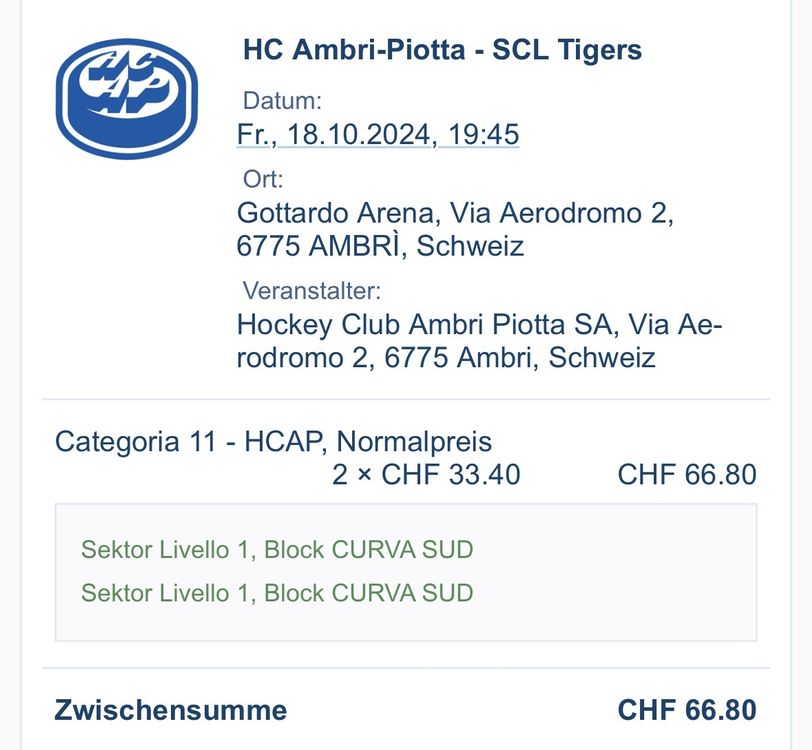 2 Tickets Stehplätze HCAP-SCL Tigers, Curva Sud 18.10.2024 (Neu und ...