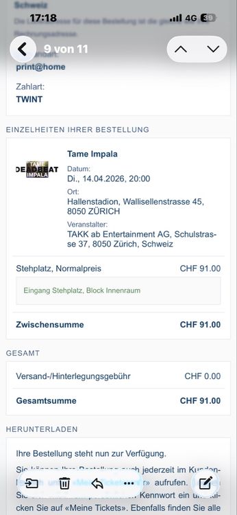 Tame Impala Ticket, Zürich, 14.04.2026, Stehplatz - Schnapp! (Neu und ...