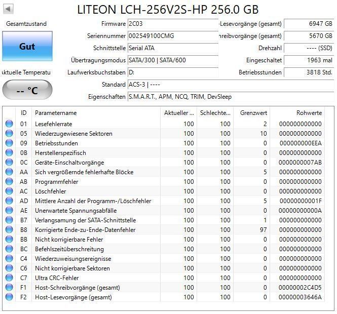 Lite-On LCH-256V2S-HP - 256GB SSD (26) (Gebraucht) in Langwiesen für ...