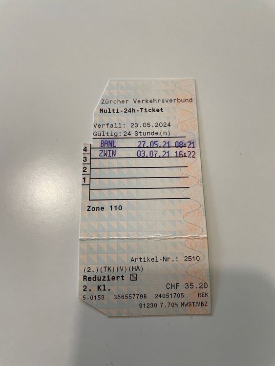 ZVV Mehrfahrtenkarte 24h Zone 110 (Gebraucht) in Zürich für CHF 18 ...