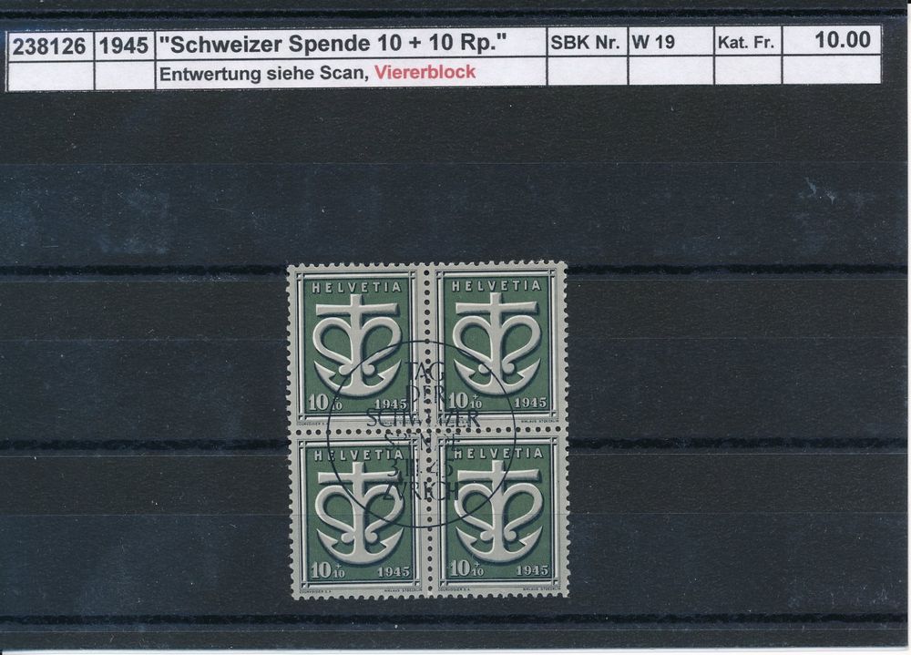 1945 "Schweizer Spende 10 + 10 Rp." - Viererblock | Kaufen auf Ricardo