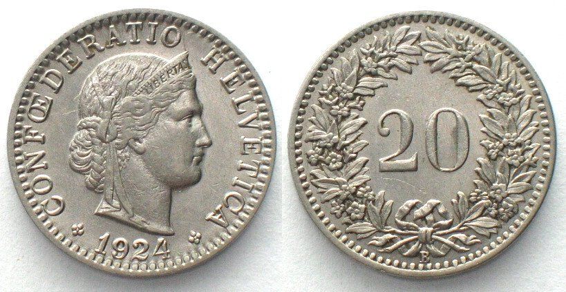 EIDGENOSSENSCHAFT 20 Rappen 1924 Nickel ERHALTUNG! vz+ | Kaufen auf Ricardo