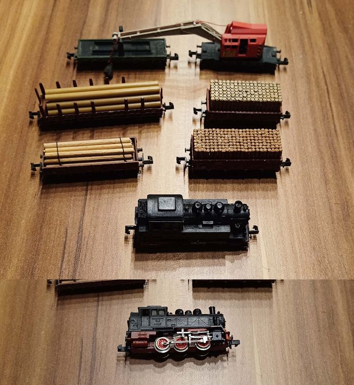 Arnold Dampflok mit 4 Holz-/1Kran- und Beiwagen Spur N | Kaufen auf Ricardo