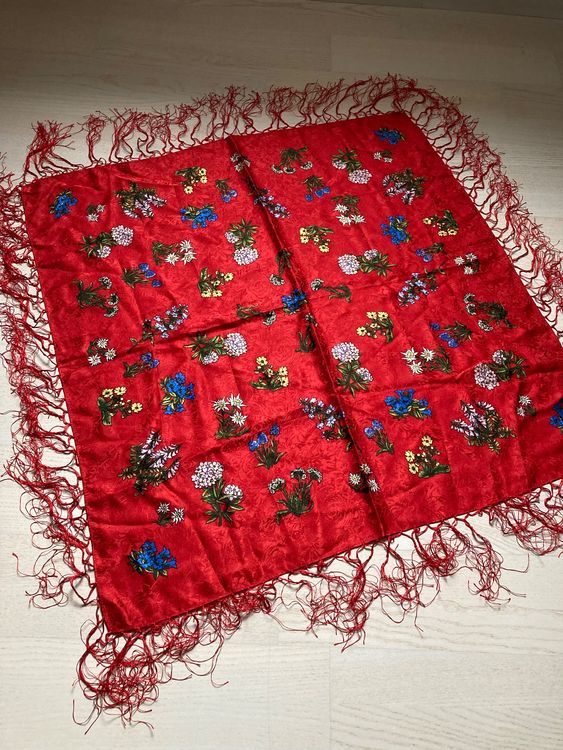 Elegantes rotes Trachten Tuch mit Blumenmuster und Fransen (Neu (gemäss ...