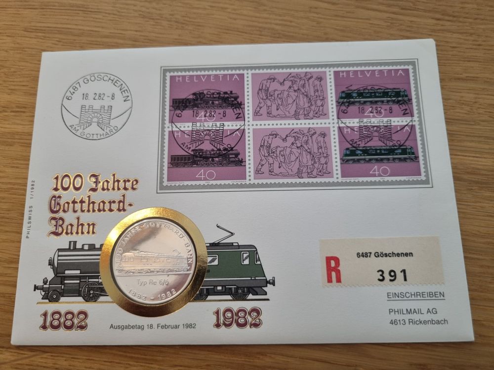 1982 FDC 100 Jahre Gotthardbahn mit 999er Silbermedallie | Kaufen auf Ricardo