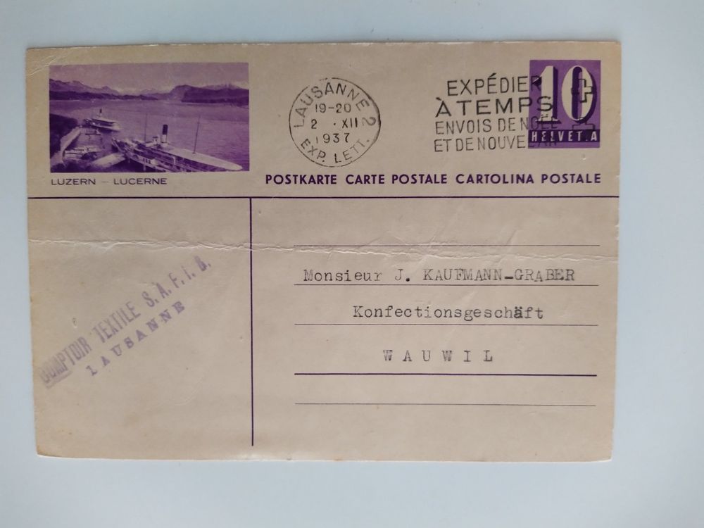 Schiff Postkart dat. 1938 Luzern mit Raddampfer (Gebraucht) in Ohmstal für CHF 1 – mit Lieferung ...