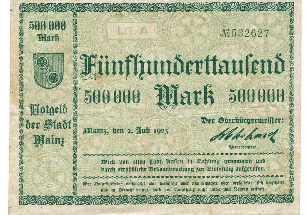 Mainz 500000 Mark LIT.A 02.07.1923 SS++-VZ (Gebraucht) in Steffisburg ...