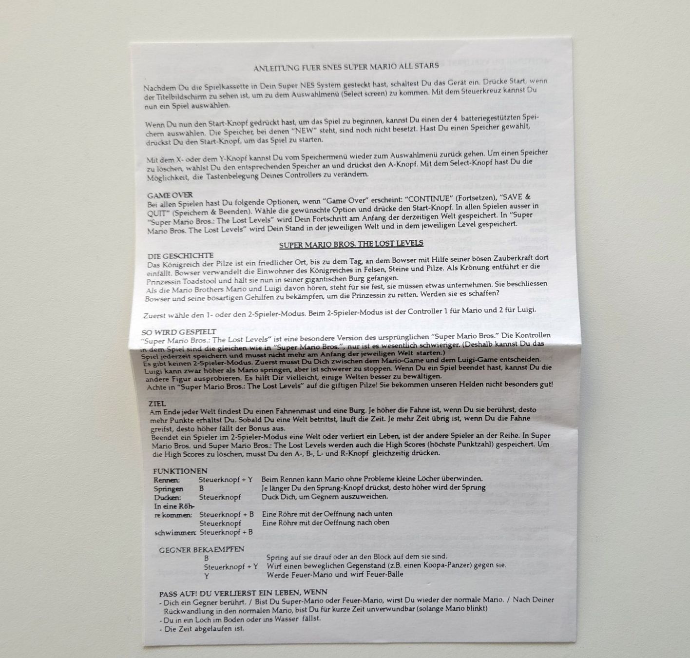 Anleitung / Übersetzungsblatt FR/DE Super Mario All-Stars (Gebraucht ...