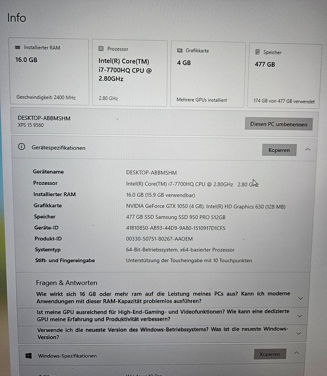 Dell XPS 15 9560 (i7, 500GB SSD, UltraHD 4k) (Gebraucht) in Zürich für ...